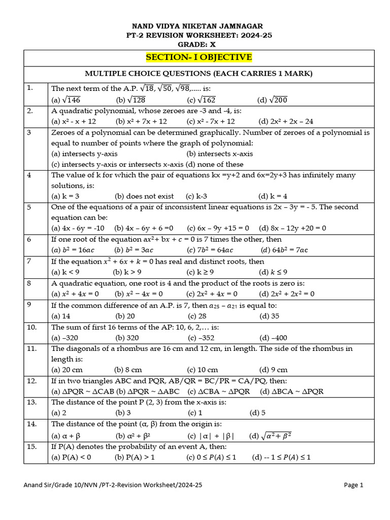 Grade 10 PT-2 Revision Worksheet 2024-25 | PDF | Zero Of A Function ...