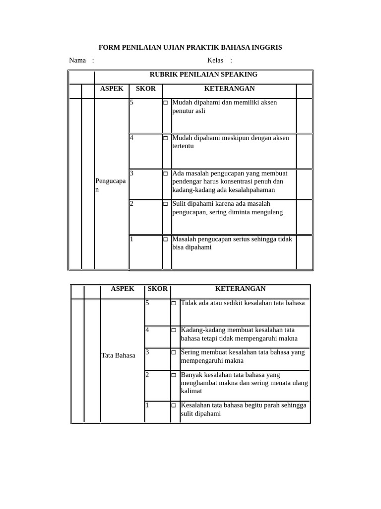 FORM PENILAIAN UJIAN PRAKTIK BAHASA INGGRIS Kelas 12 | PDF