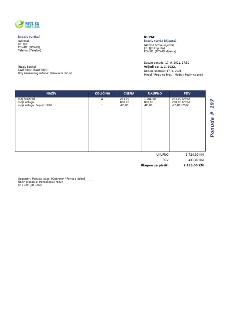 Obrazac Za Ponudu Bih | PDF