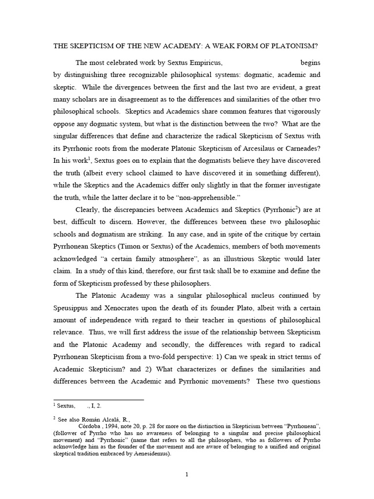 Academic Skepticism vs. Pyrrhonism Explained | PDF | Skepticism | Platonism