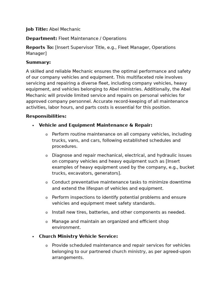 Mechanic Job Description | PDF | Auto Mechanic | Vehicles