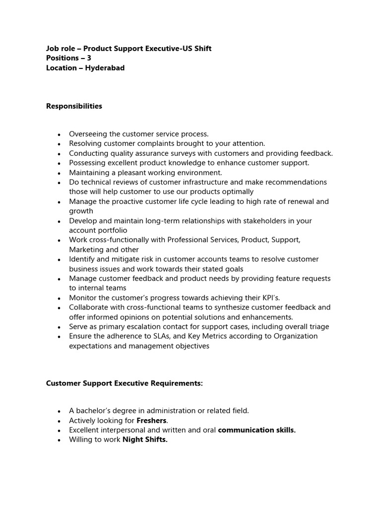 Product Support Executive - US Shift | PDF