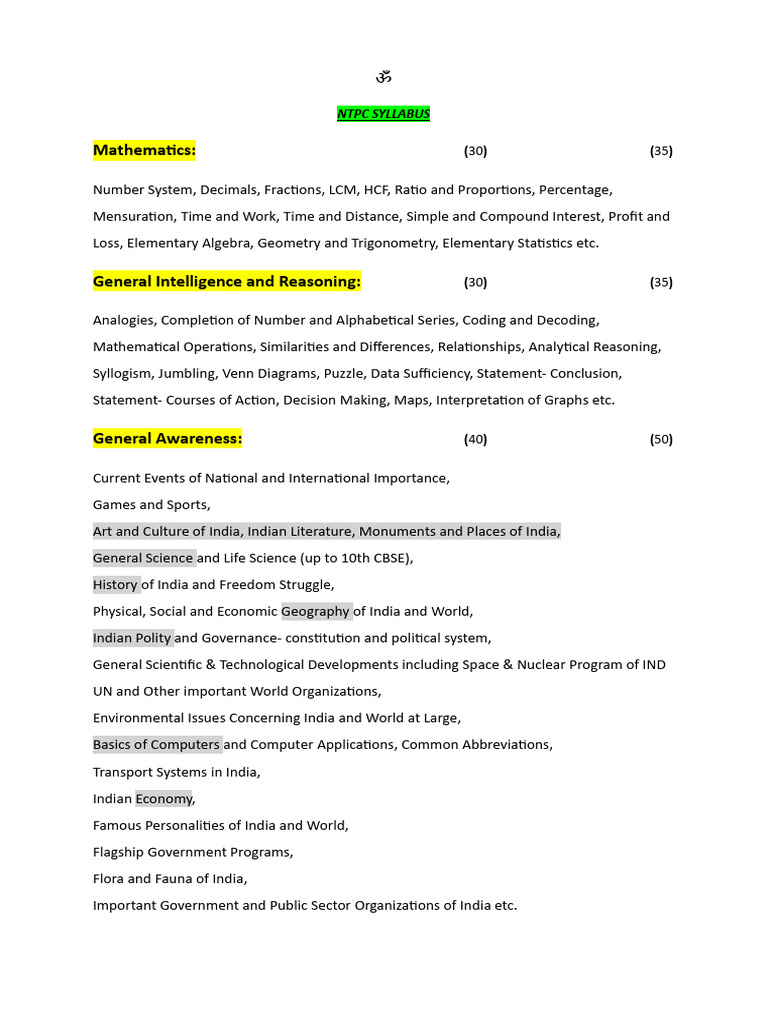 NTPC Exam Syllabus Overview | PDF
