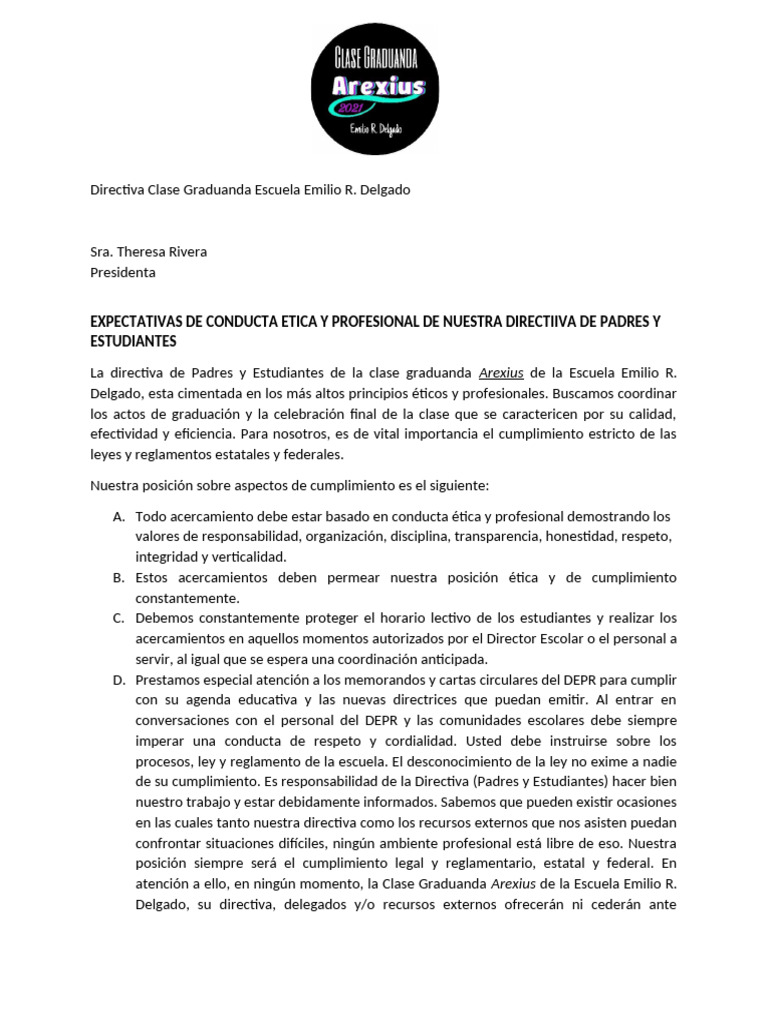 Memo de Etica Clase Graduanda Emilo R. Delgado 2021 Arexius | PDF