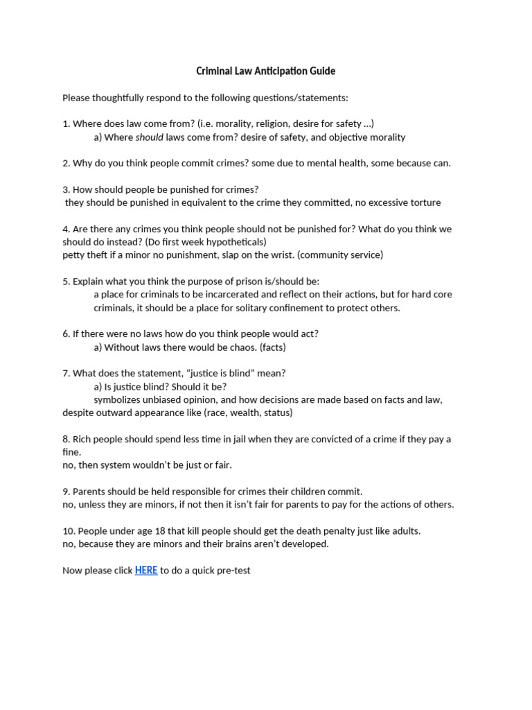 Anticipation Guide Pre-Test Criminal Law | PDF