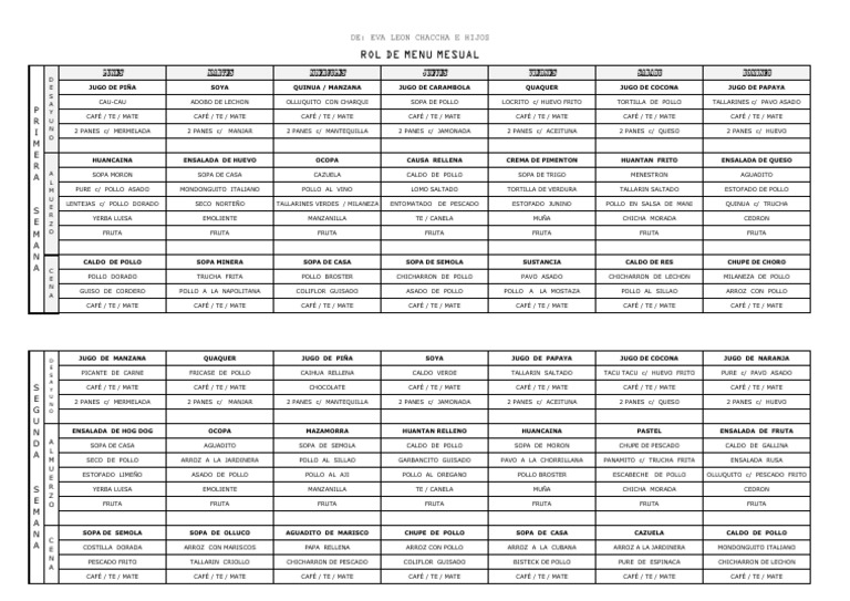 Rol Mensual de Comida 1 | PDF | Sopa de pollo | Sopa