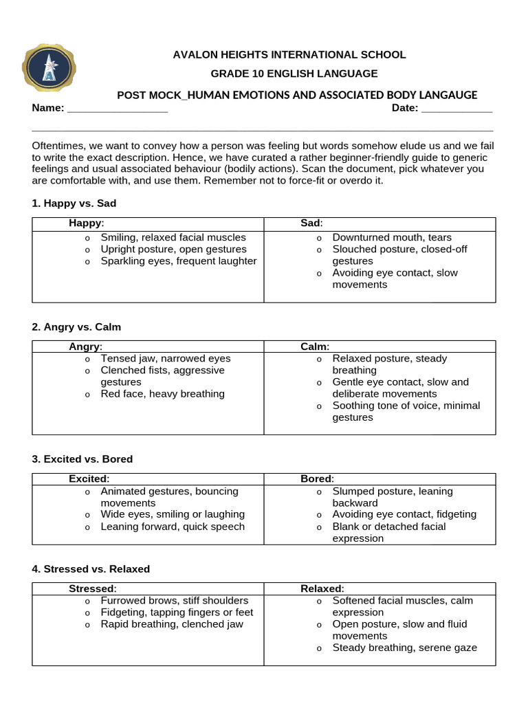 Post Mock - G12 - Human Emotions & Associated Body Language | PDF ...