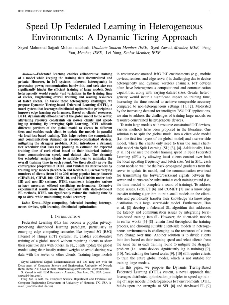 Speed Up Federated Learning in Heterogeneous Environments A Dynamic Tiering Approach | PDF ...