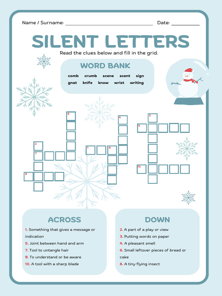 Silent Letters MB KN WR GN SC - Crossword - Worksheet | PDF