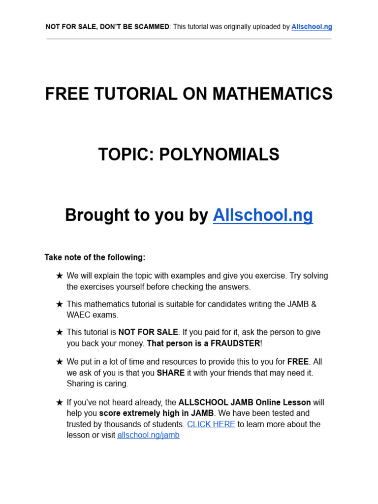 Maths Tutorial On Polynomials | PDF | Factorization | Polynomial