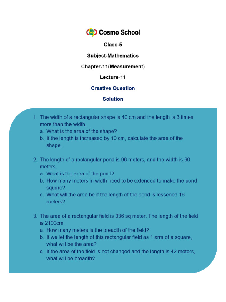 Class-5, Sub-Math, Chapter-11, Measurement, Creative Question (Part - 2), Solution | PDF ...