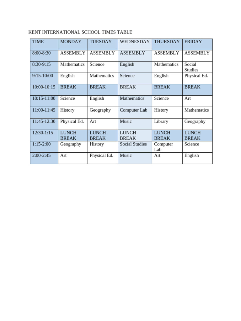 Kent International School Timetable | PDF