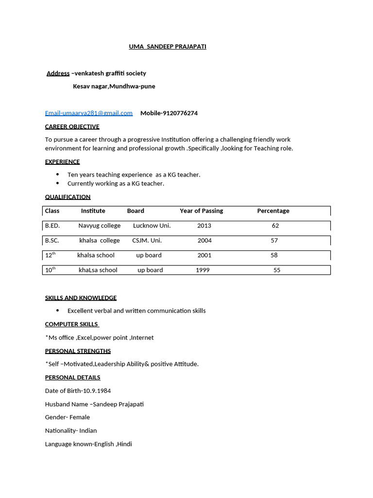KG Teacher Resume of Uma Prajapati | PDF