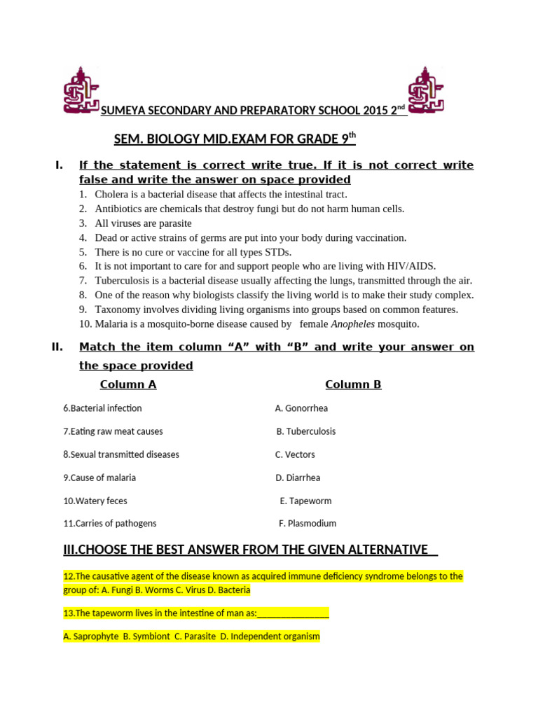 Bio g9 Mid Exam 2nd Sem in 2015 | PDF | Pathogen | Infection