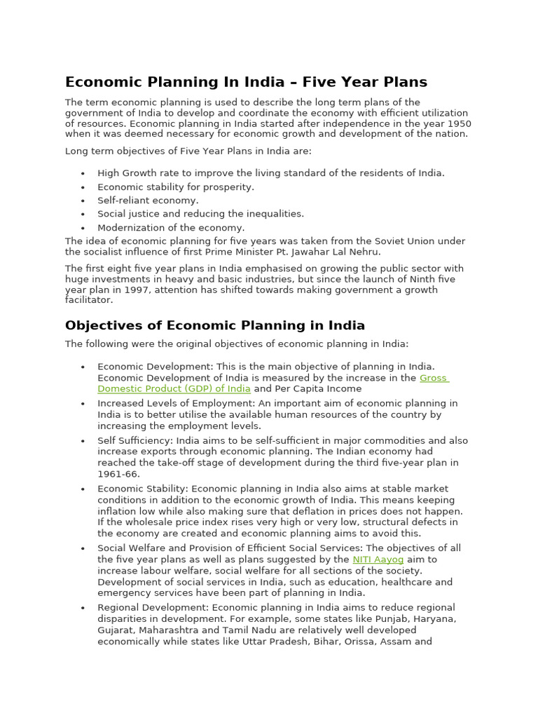 Objectives of Economic Planning in India | PDF | Economic Growth ...