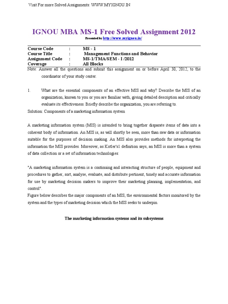 Ignou Mba Ms 1 Free Solved Assignment 2012 Download Free Pdf