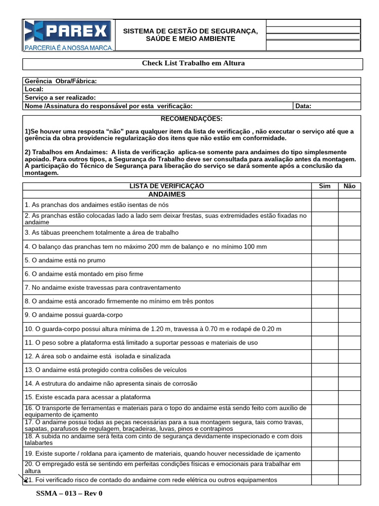 Checklist de Segurança para Trabalho em Altura | PDF