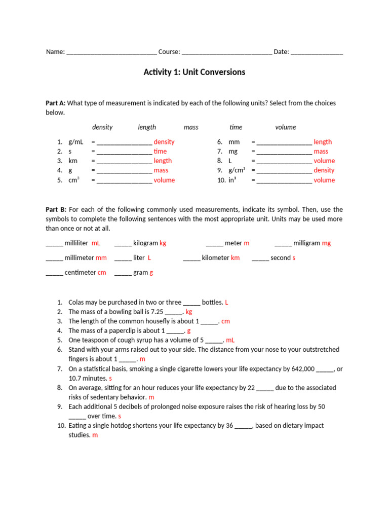 Unit Conversion Activity Worksheet | PDF | Litre | Magnesium