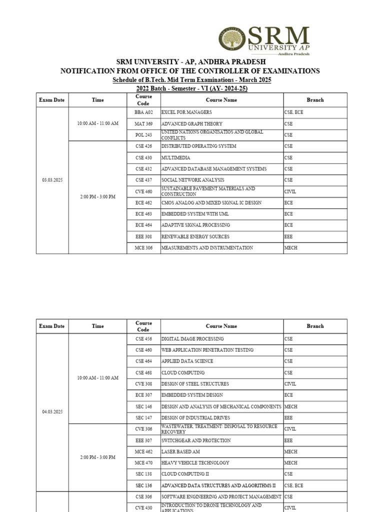 2022 B.tech 6th Sem Mid Term Exam Schedule Mar 2025 | PDF | Electronic Engineering | Electrical ...