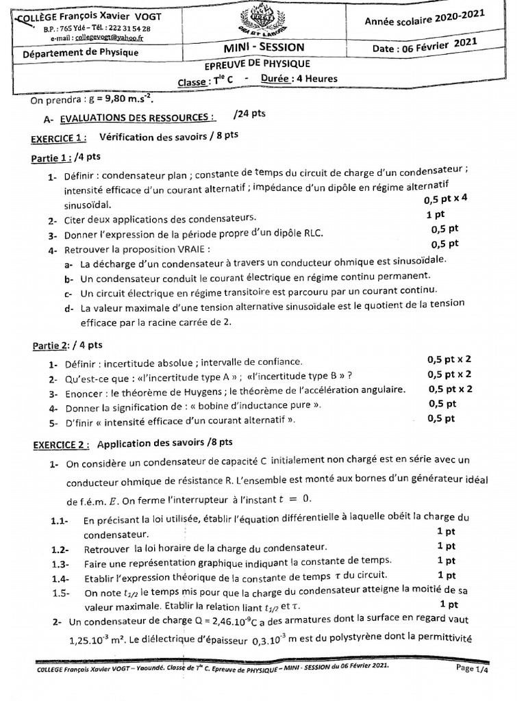 Orni Coll FX Vogt Physique Tle C Mini Session Fevrier 2021 | PDF