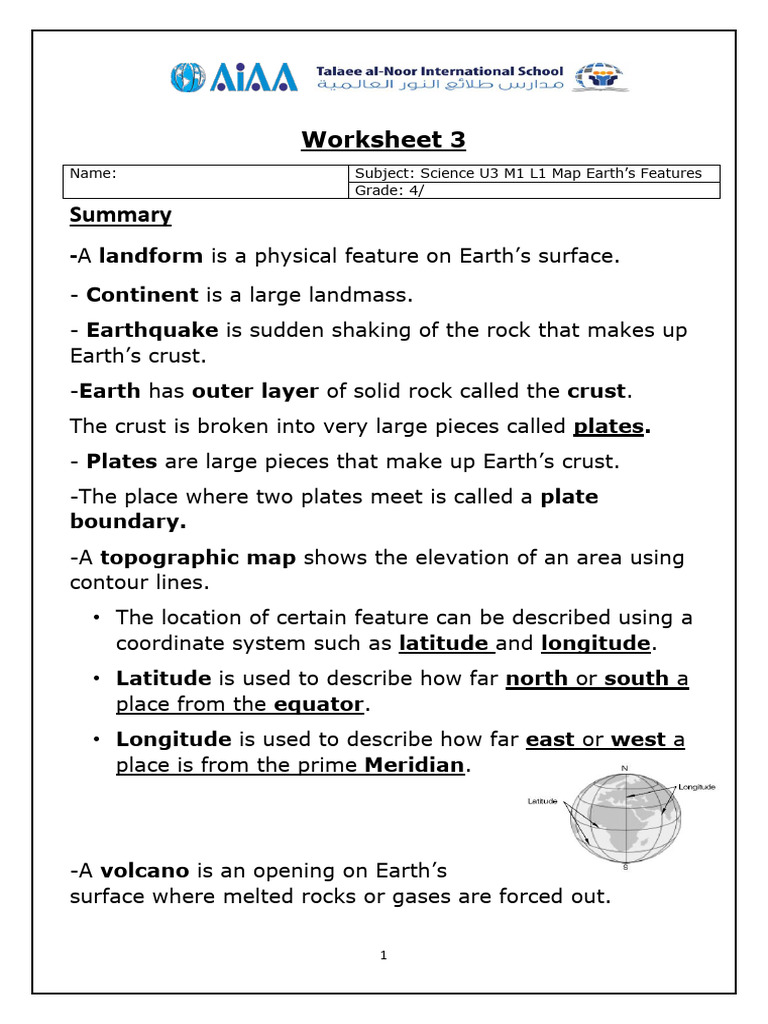 GR 4 Worksheet 3 U3 M1 L1 Map Earth's Features | PDF | Earth | Mountains