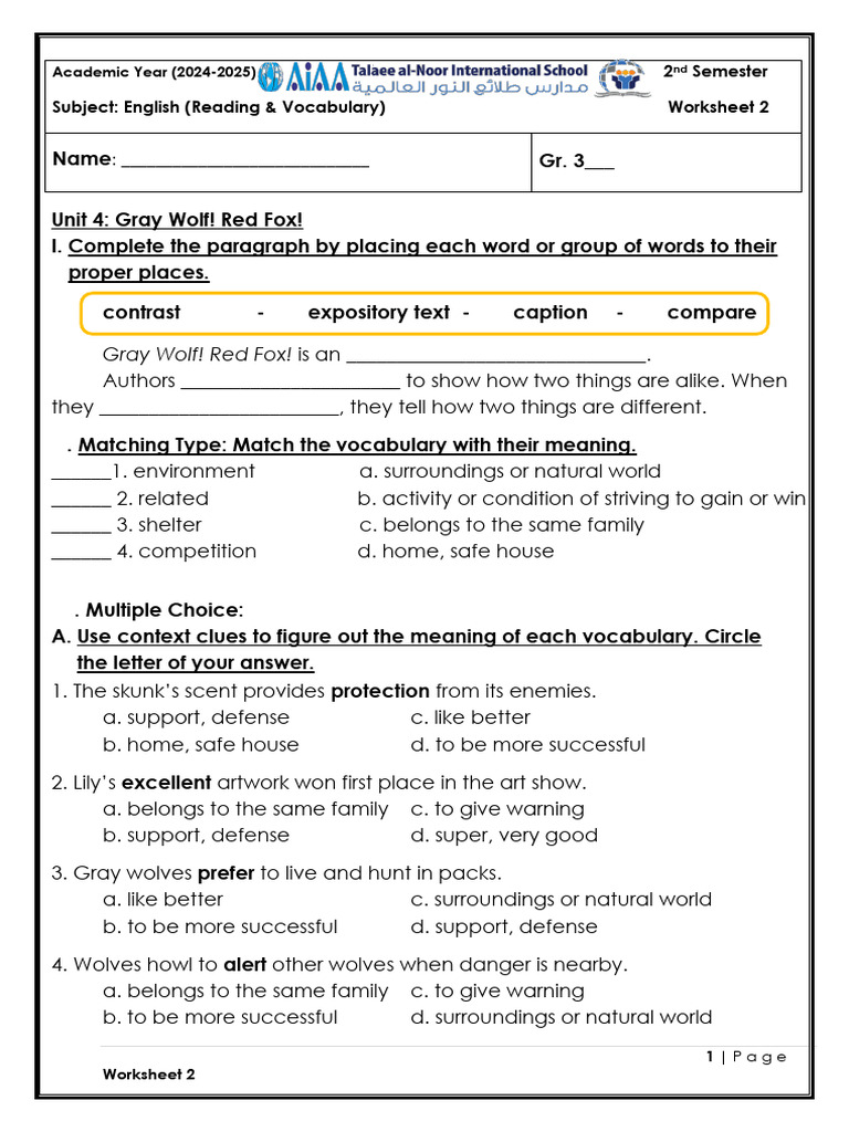 Gr.3 Reading Worksheet 2 (Gray Wolf! Red Fox!) | PDF | Fox | Zoology