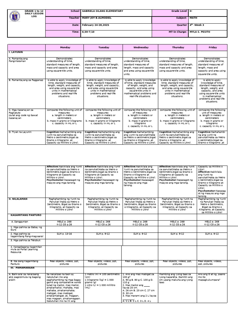 Q4 Week 3 DLL Math 2 Sy 2024 2025 | PDF