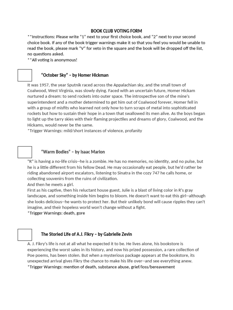Book Club Voting Instructions | PDF