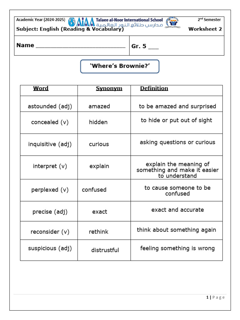 Gr.5 Reading Worksheet 2 (Where's Brownie) | PDF