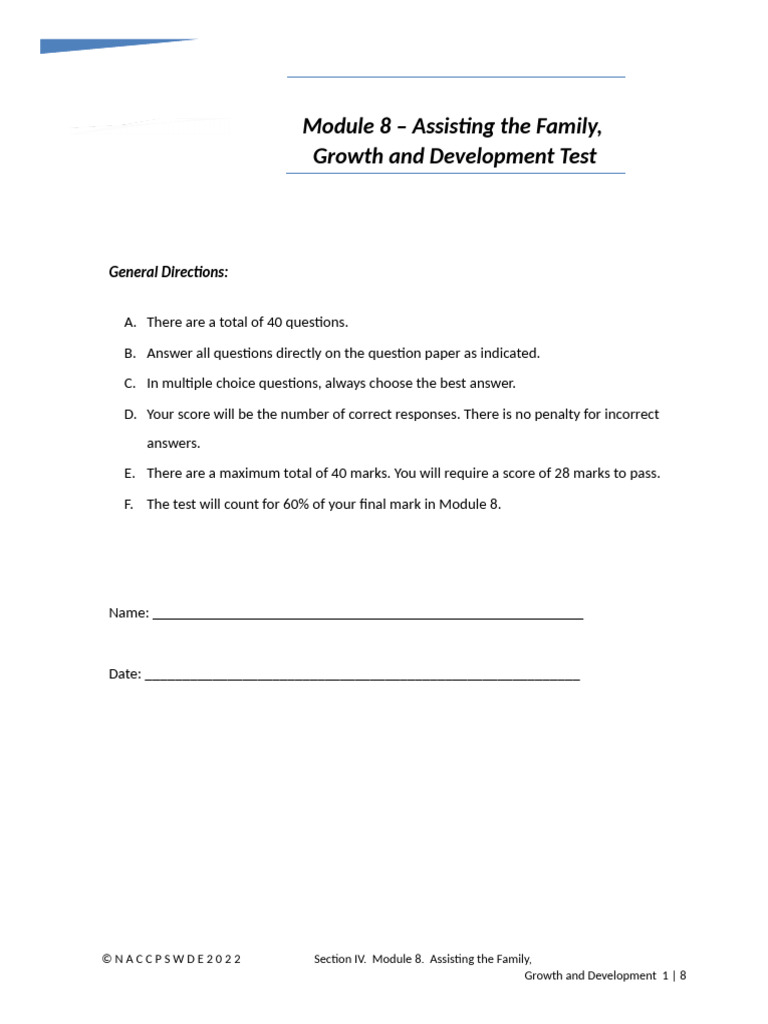 IV-9 Test - Module 8 Assisting The Family | PDF | Epilepsy | Infants