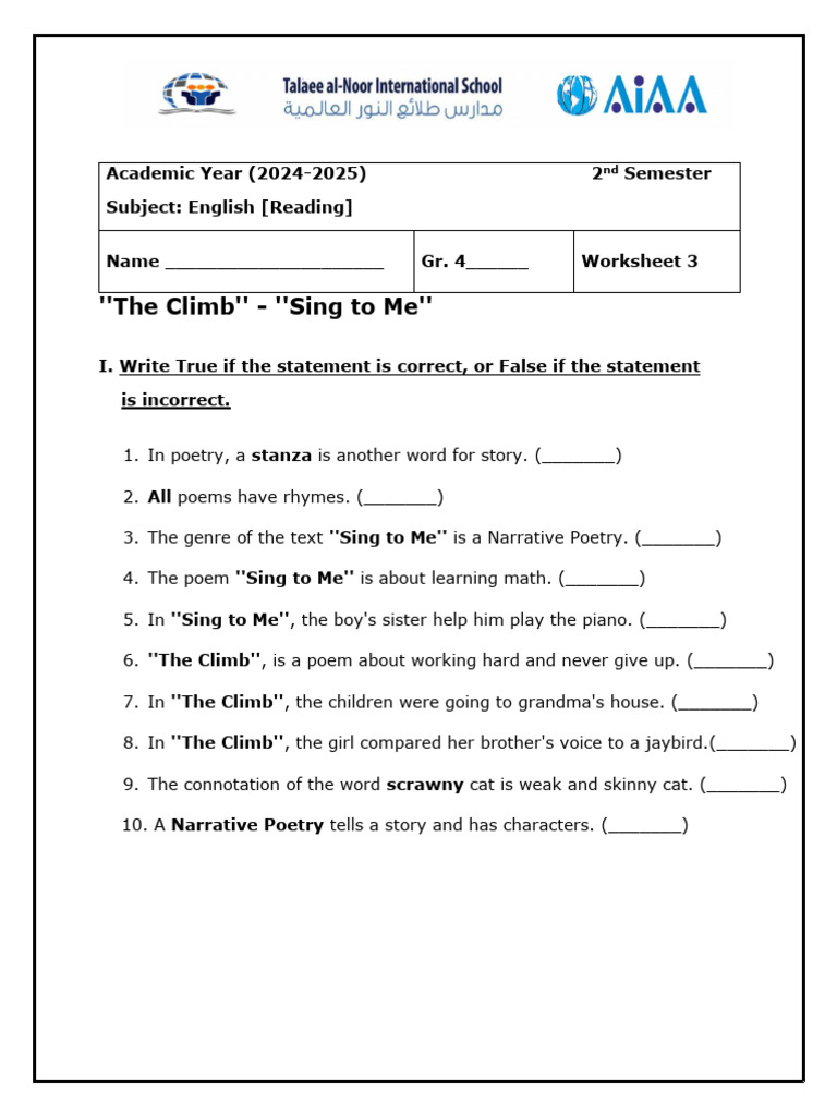 GR 4 Reading Worksheet 3 'Sing To Me'' '' The Climb'' | PDF | Poetry