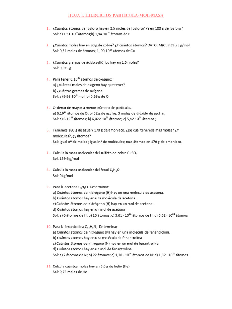 Hoja 1. Partícula Mol Masa | PDF | Mole (Unidad) | Oxígeno