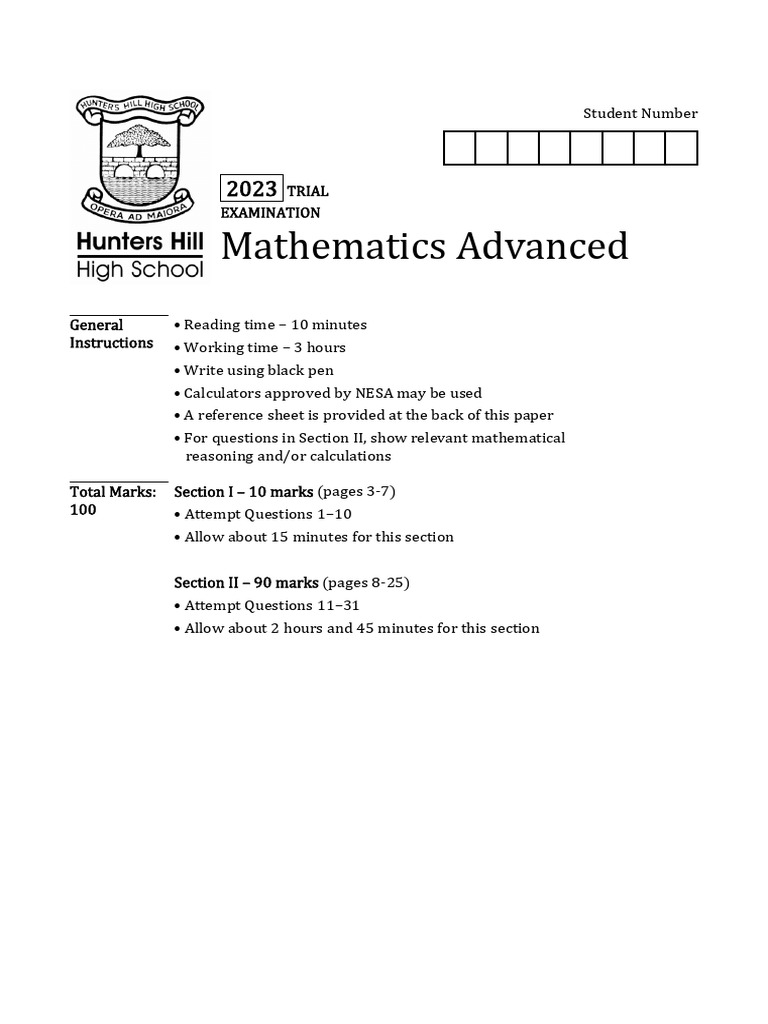 Hunters Hill 2023 2U Trials & Solutions | PDF | Mathematics ...