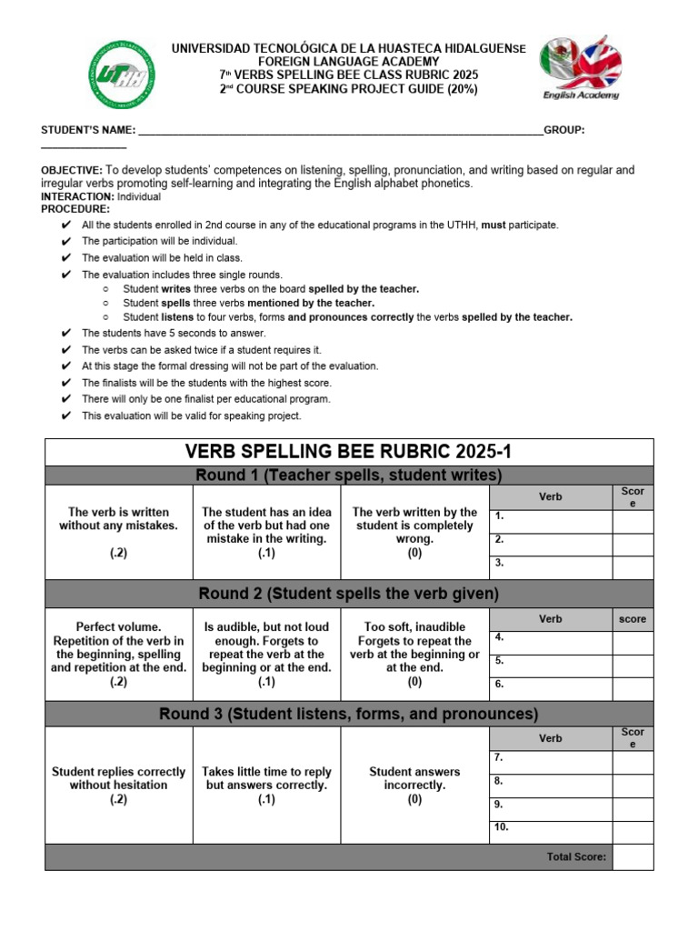2025 Verbs Spelling Bee Rubric | PDF | Human Communication | Language ...