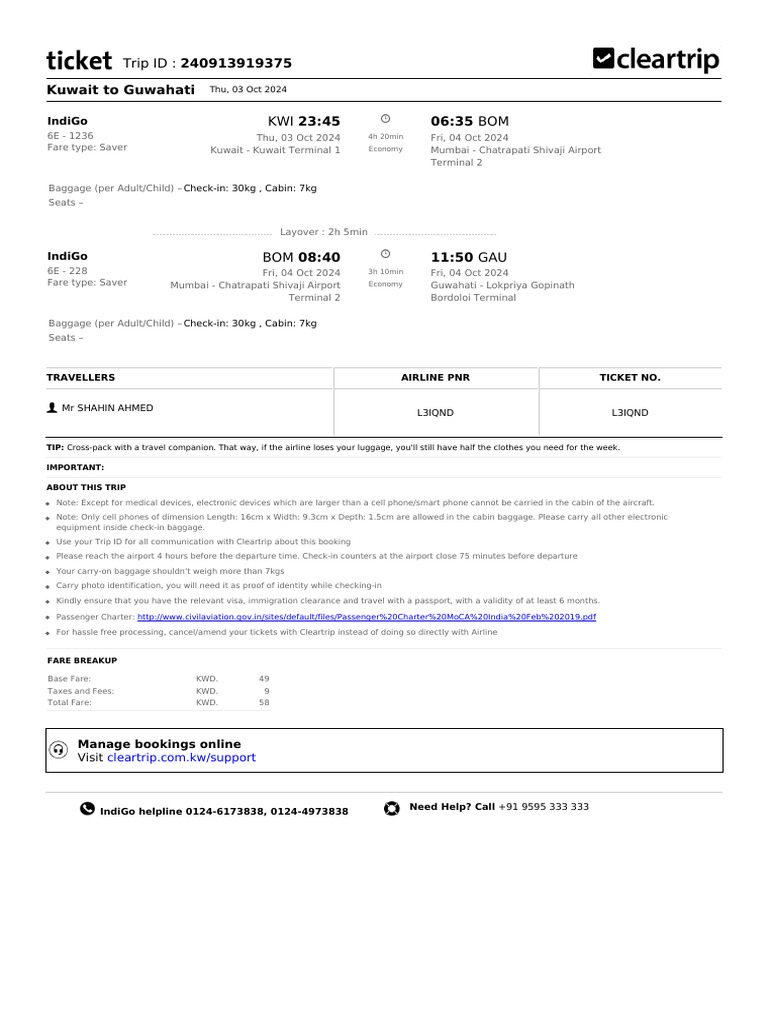 Cleartrip Flight E-Ticket | PDF | Baggage | Aviation