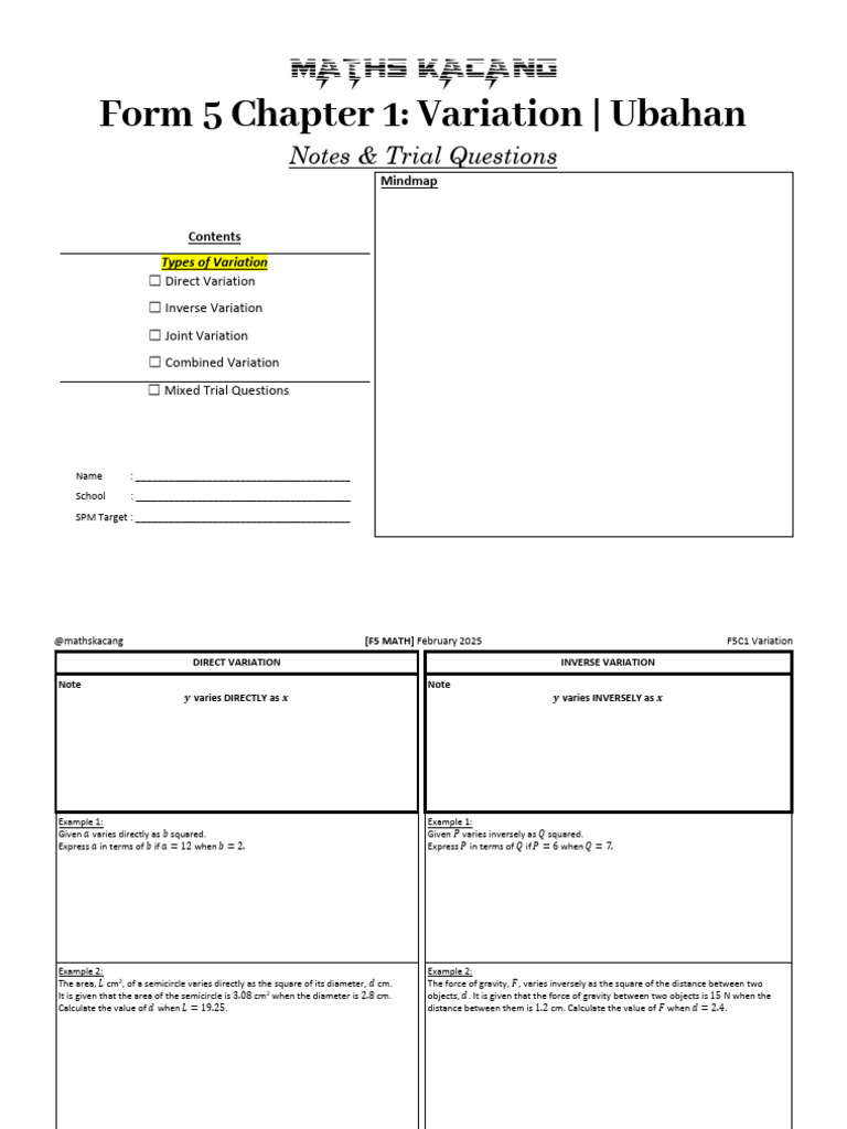 Form 5 Variation Mathematics Guide | PDF | Physics | Physical Quantities
