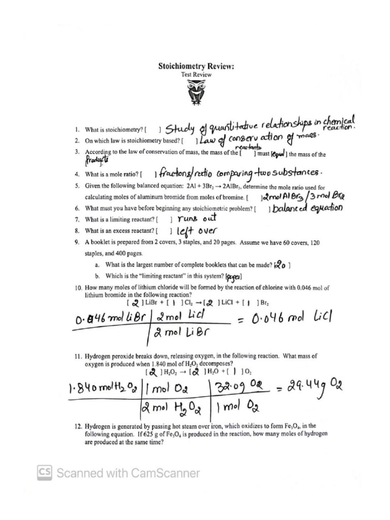 Stoichiometry Test Review - Answer Key | PDF