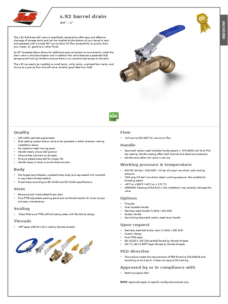 Ball Valve s92 Barrel Drain | PDF | Valve | Materials