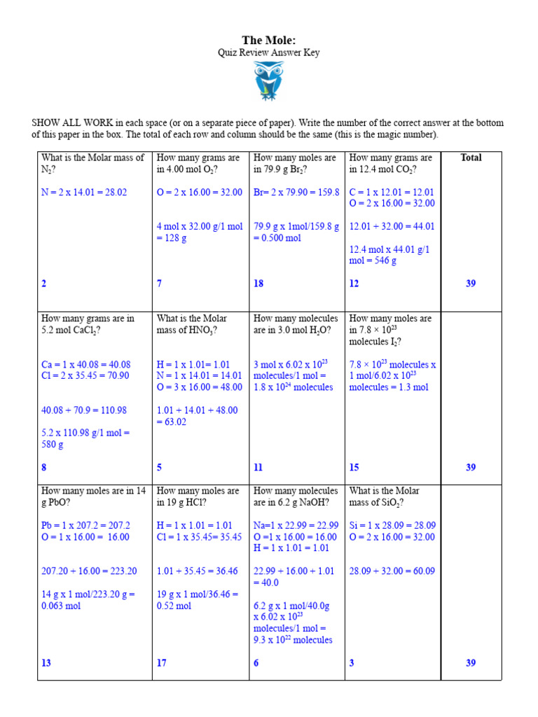 The Mole Quiz Review - Answer Key | PDF | Mole (Unit) | International ...
