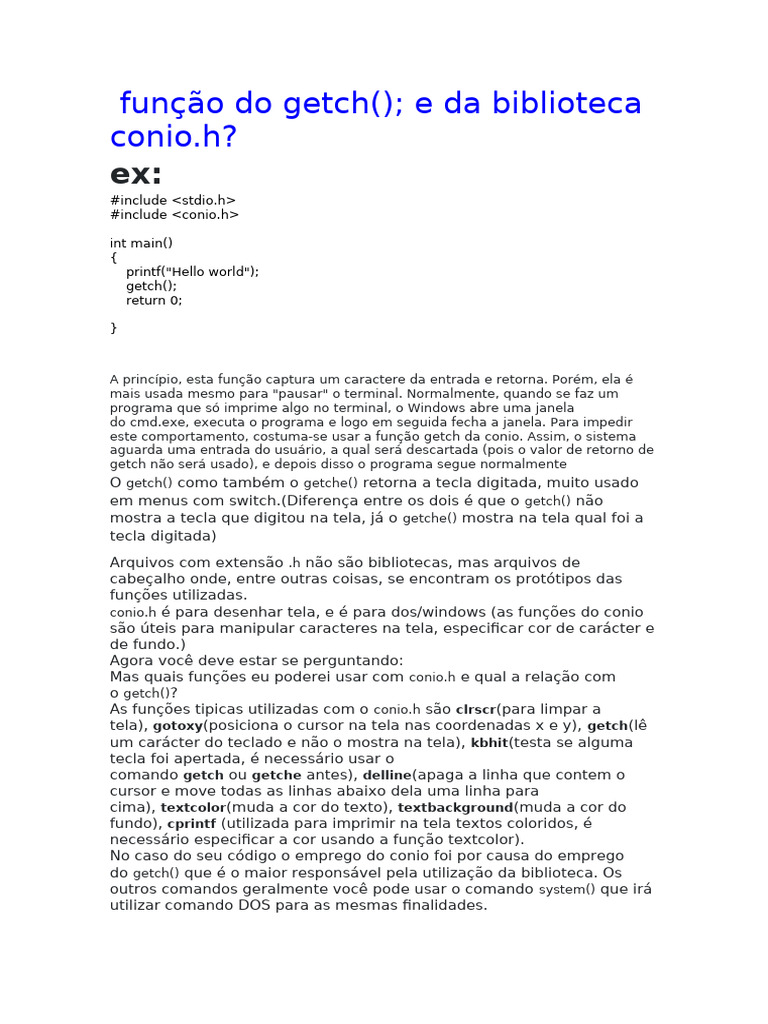 Função getch() e biblioteca conio.h | PDF