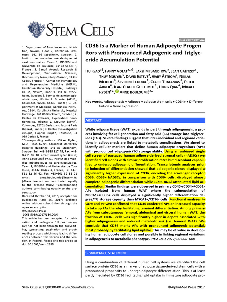 CD36 Marks Adipocyte Progenitors | PDF | Adipose Tissue | Adipocyte