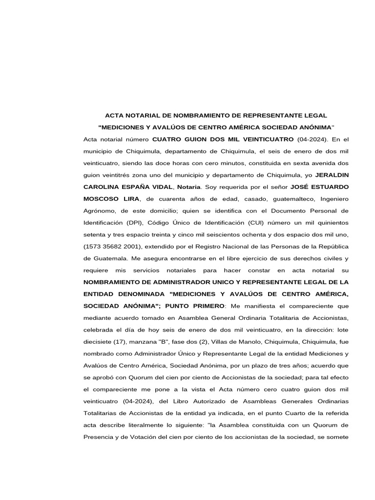 Acta Notarial de Nombramiento GMM LJ Ong | PDF | Guatemala