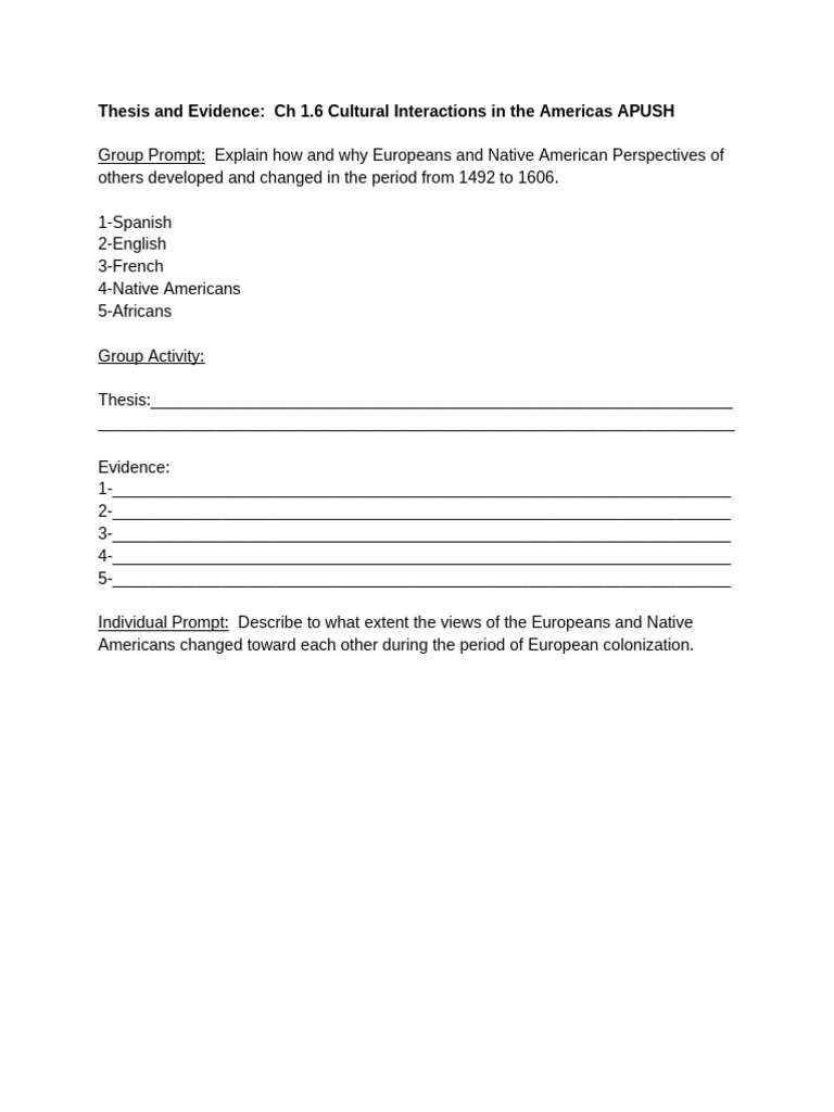 Thesis and Evidence CH 1.6 Cultural Interactions in The Americas APUSH | PDF