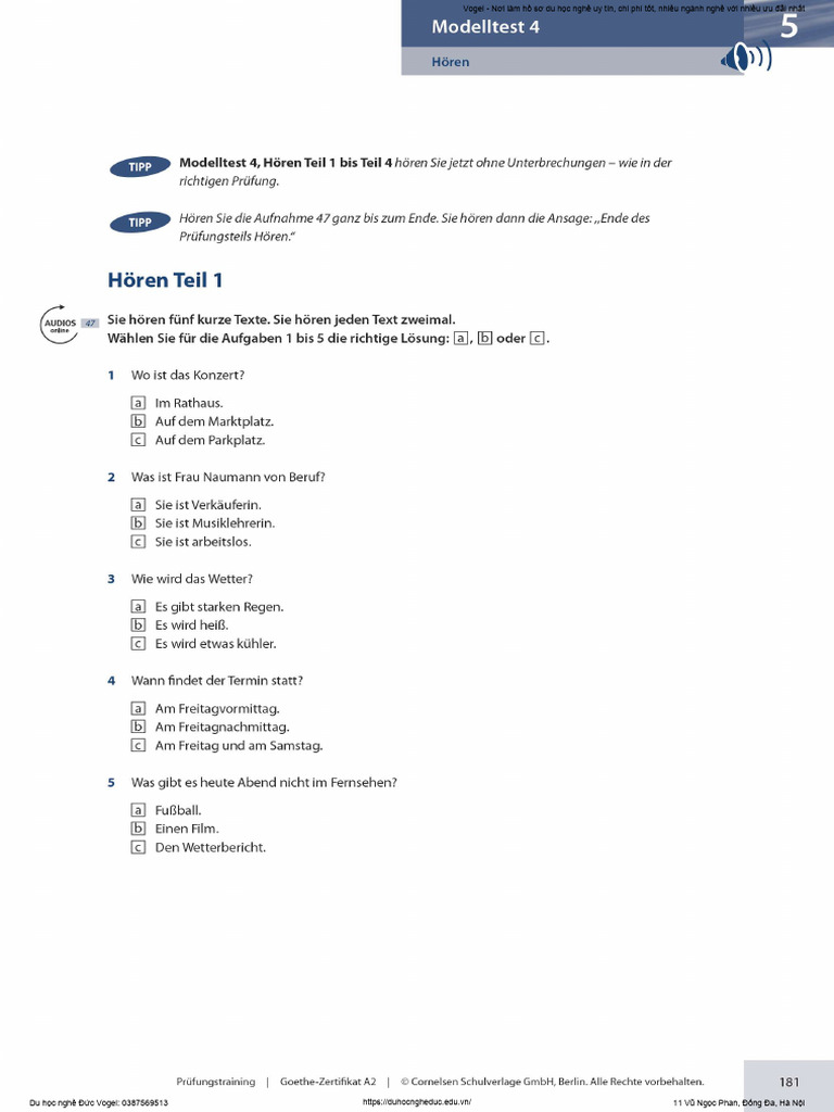 Đề Luyện Nghe A2 Modelltest 4 | PDF