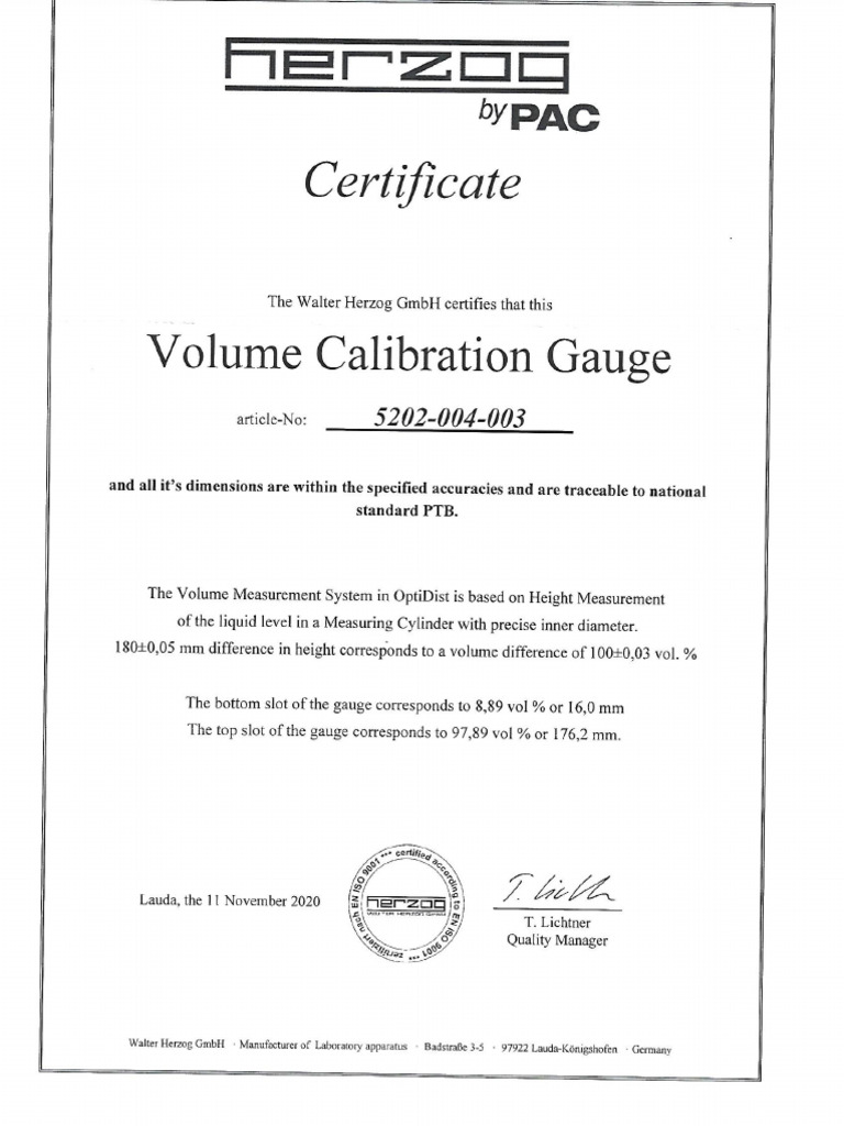 Volume Gauge Calibration Certificate | PDF