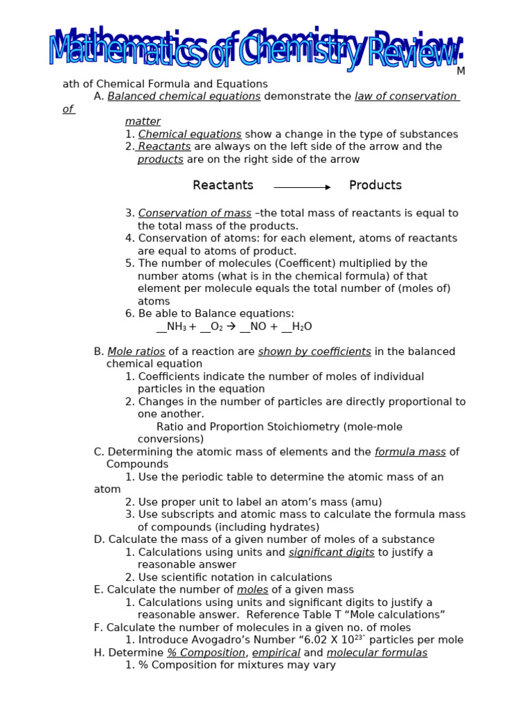 Math of Chemical Formula and Equations Review | PDF | Mole (Unit ...