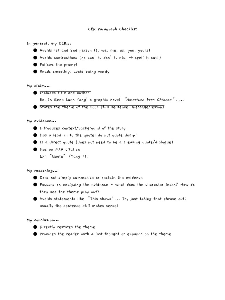 Hemmersbaugh Theme CER Paragraph Checklist | PDF