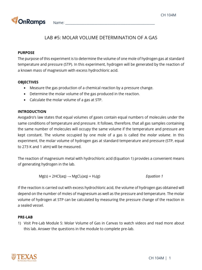 OnRamps UT Unit 5 Lab Handout | PDF | Gases | Mole (Unit)