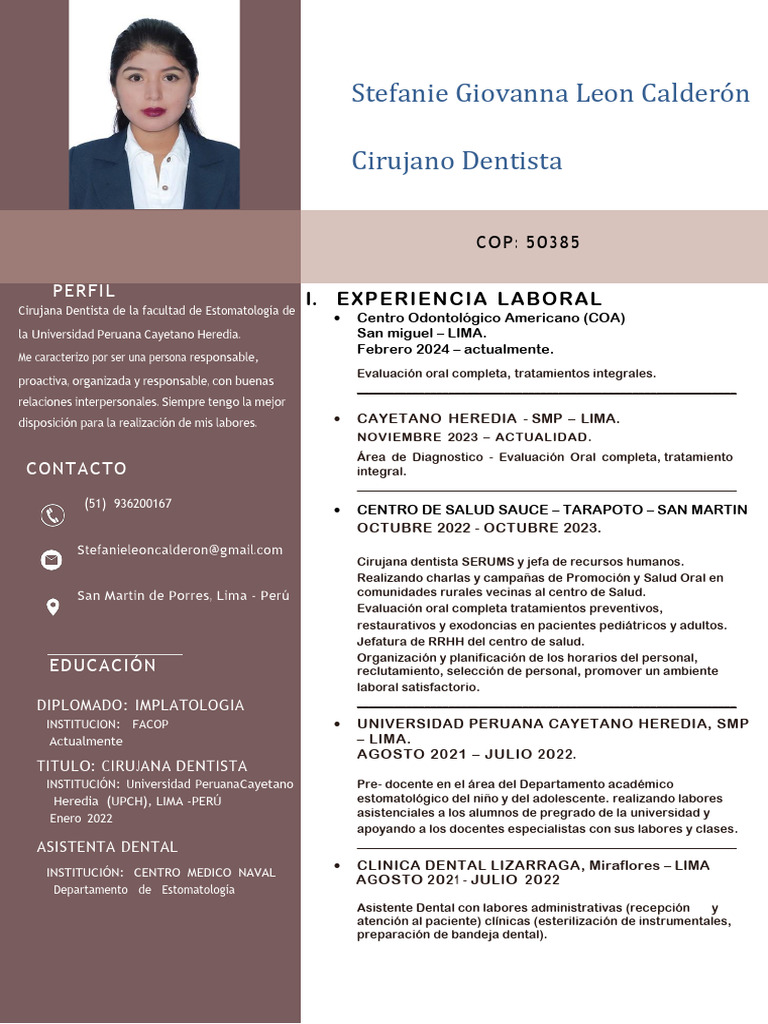 CV Stefanie Leon Calderon | PDF | Odontología | Especialidades Medicas