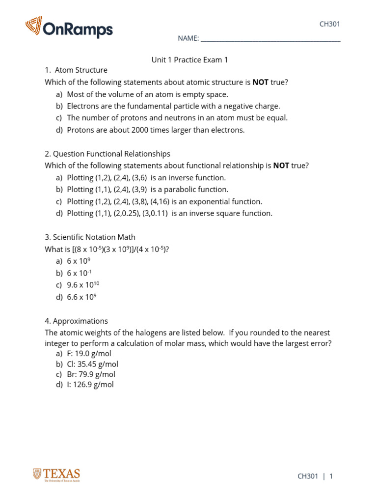 CH301 Unit 1 Practice Exam Questions | PDF | Light | Electron
